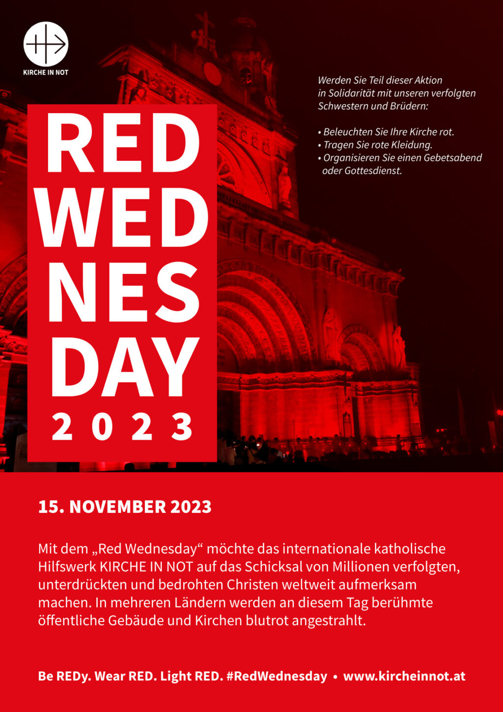 Plakat: Red Wednesday 2023 - KIRCHE IN NOT Österreich